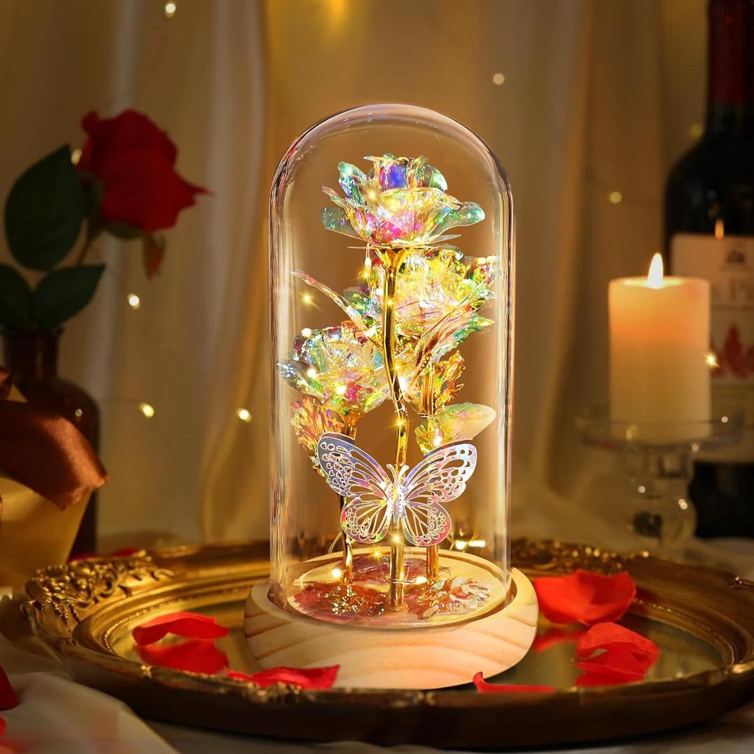 Ewige Rose im Glas, Sparkly Infinity Rose mit Schmetterling und LEDs ...